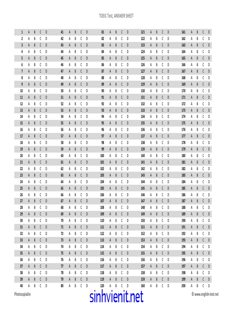 Toeic Test, Answer Sheet: Photocopiable Photocopiable | PDF