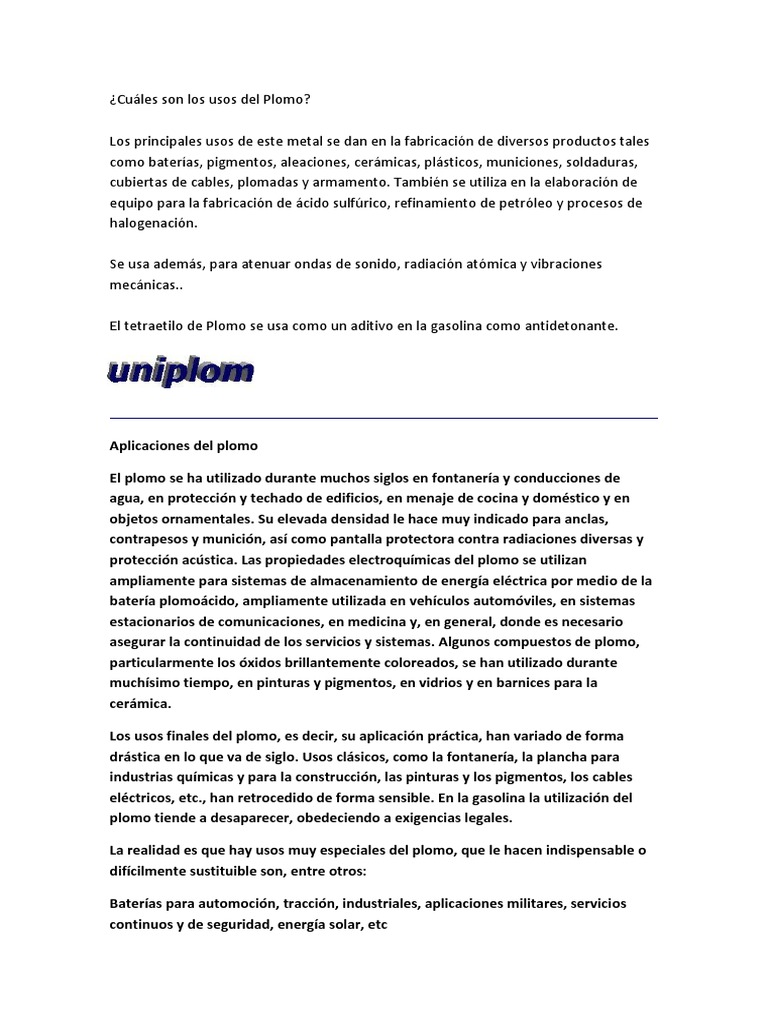 Cuáles Son Los Usos Del Plomo | PDF | Dirigir | Contaminación