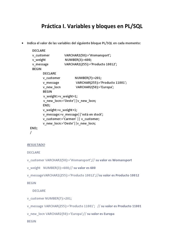 Práctica I. Variables y Bloques PL SQL-RESUELTA | PDF