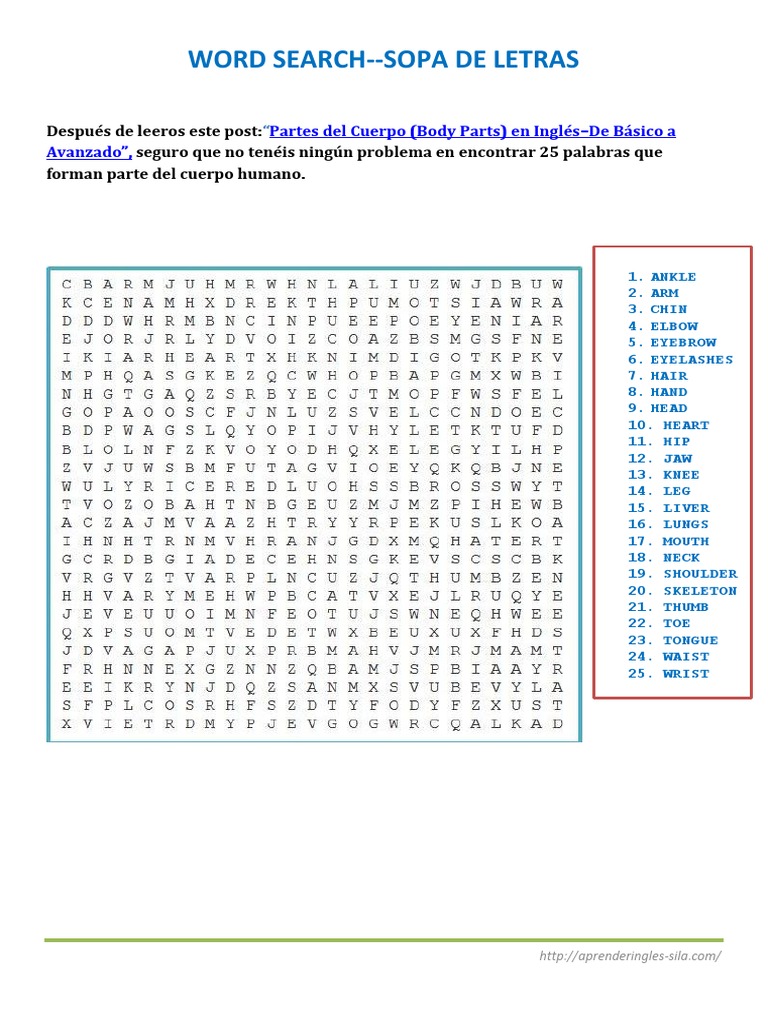 Sopa de letras: partes del cuerpo en inglés | PDF