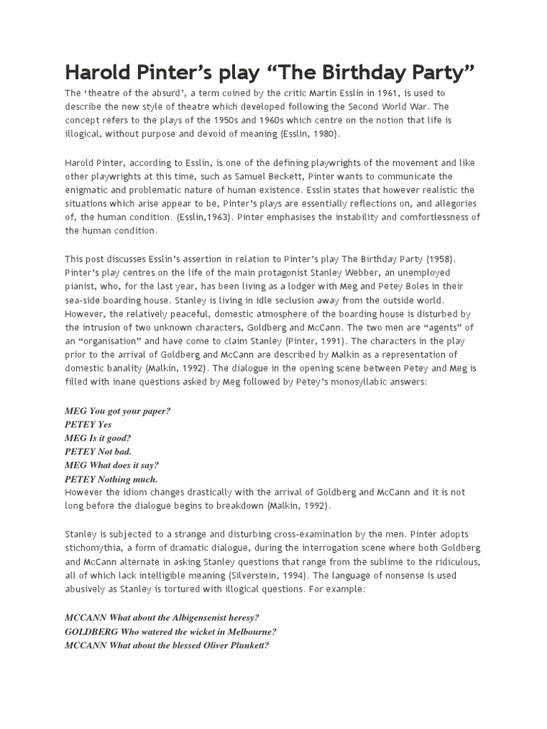 Harold Pinter's Play "The Birthday Party" | PDF