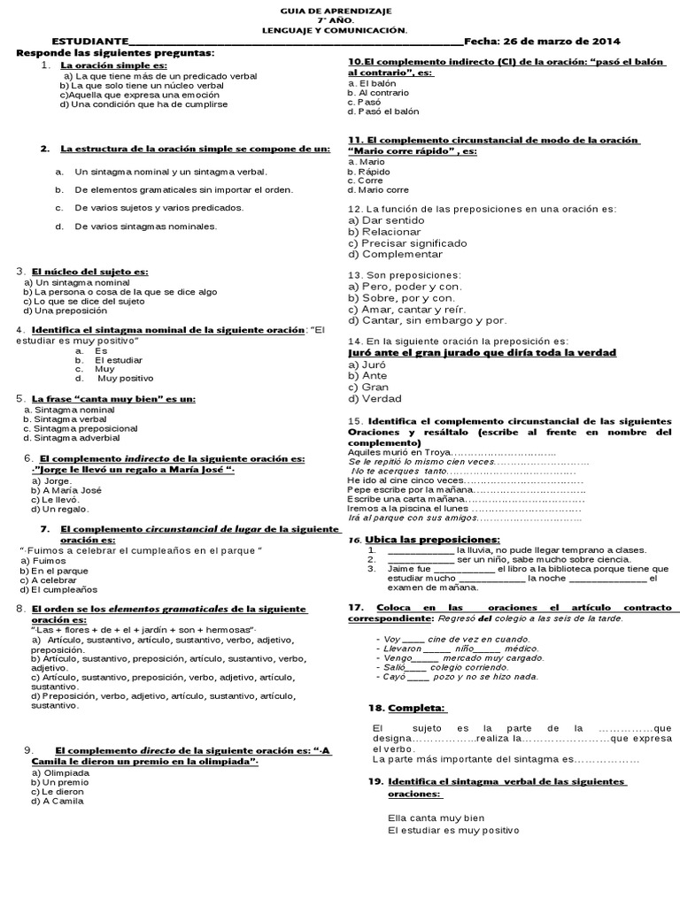 EXAMEN de SEGUIMIENTO Oración Sujeto Complemento | PDF | Verbo | Reglas
