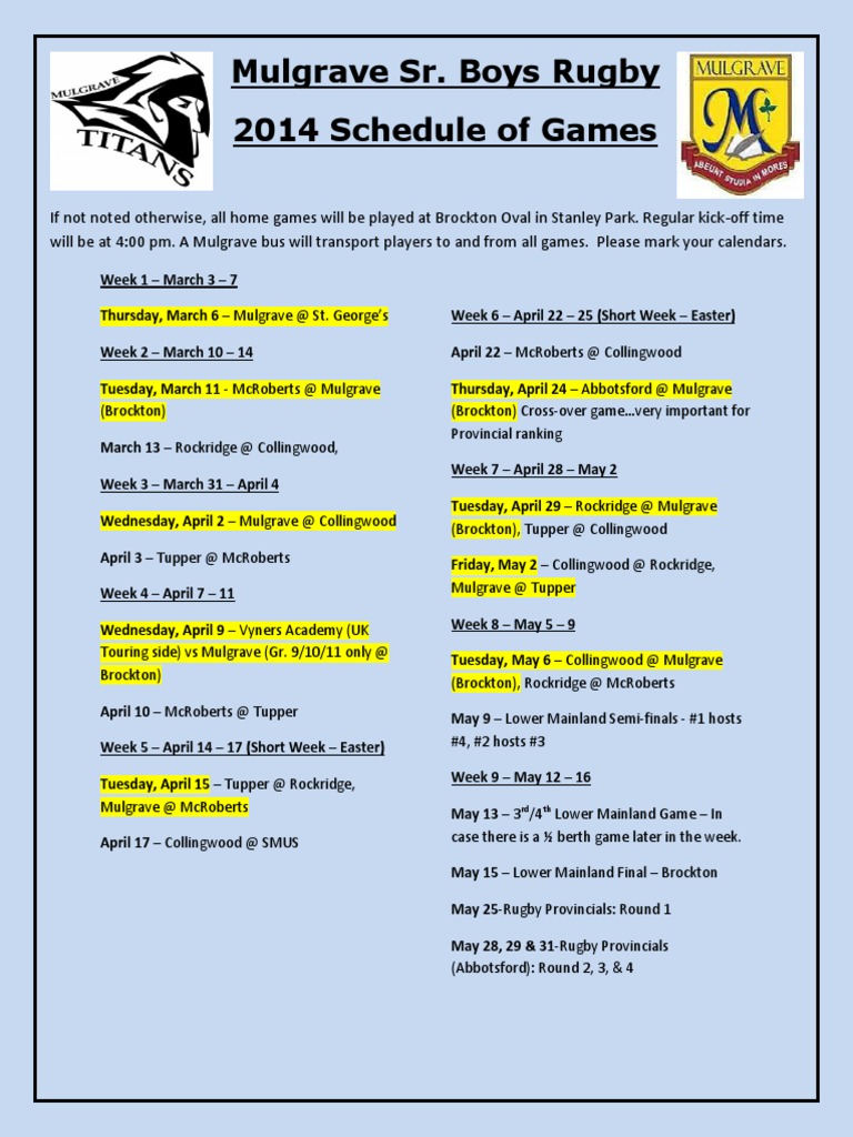 2013-14 Lower Mainland AA Rugby Schedule-Mulgrave | PDF