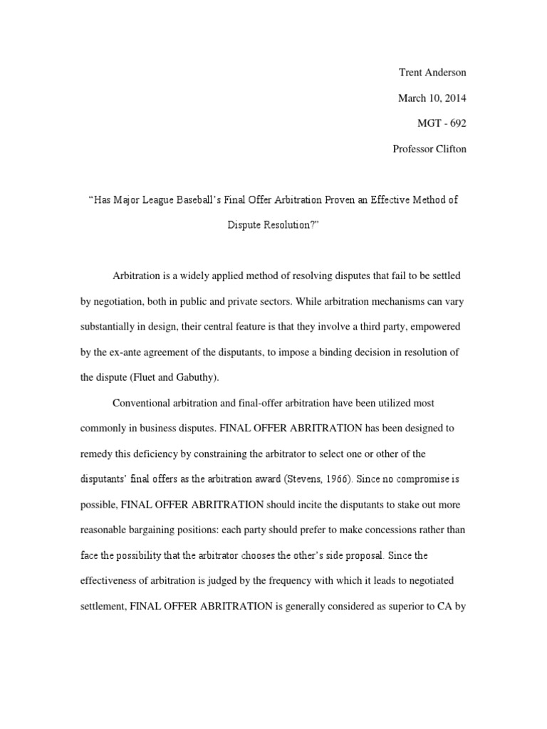 FOA Paper Final Offer Arbitration | PDF | Arbitration | Negotiation