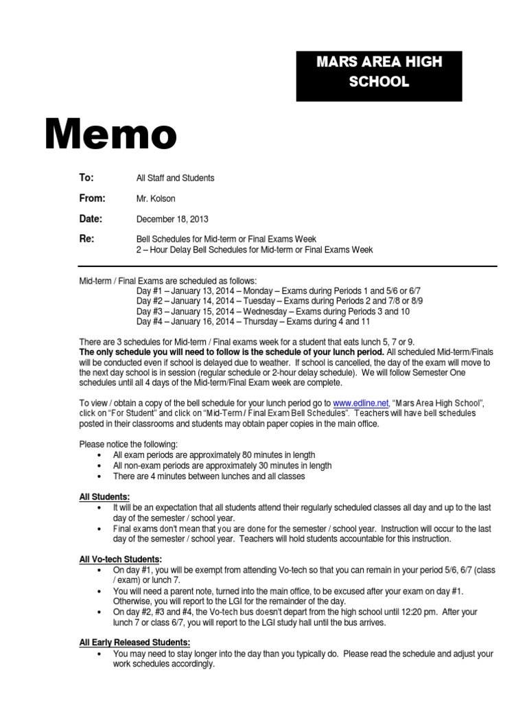 13-14 Midterm-Final Exam Semester 1 Bell Schedule Memo | PDF | Academic ...