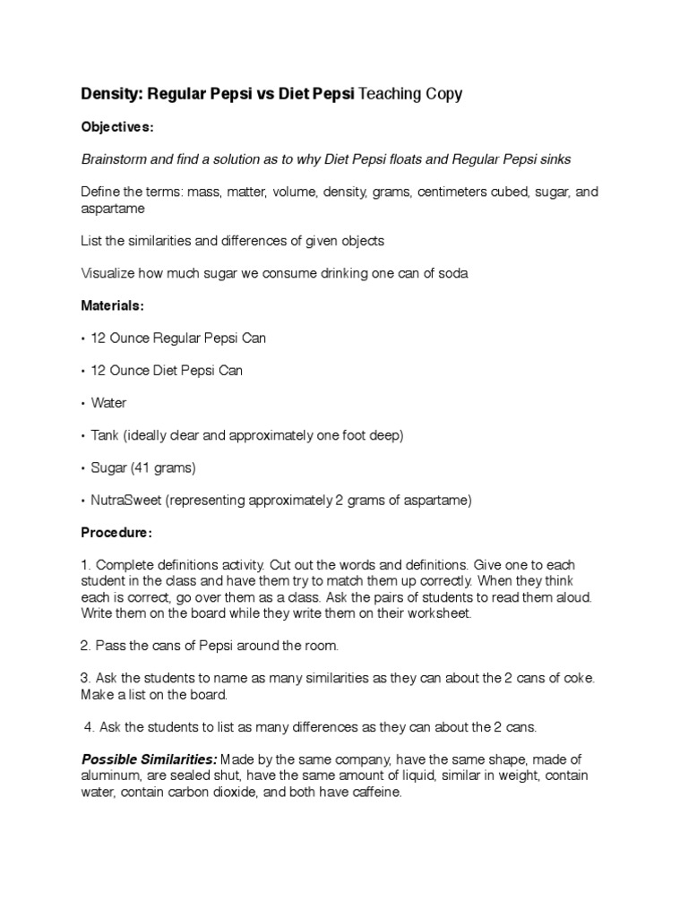 Density Comparison: Pepsi vs Diet Pepsi | PDF | Density | Matter