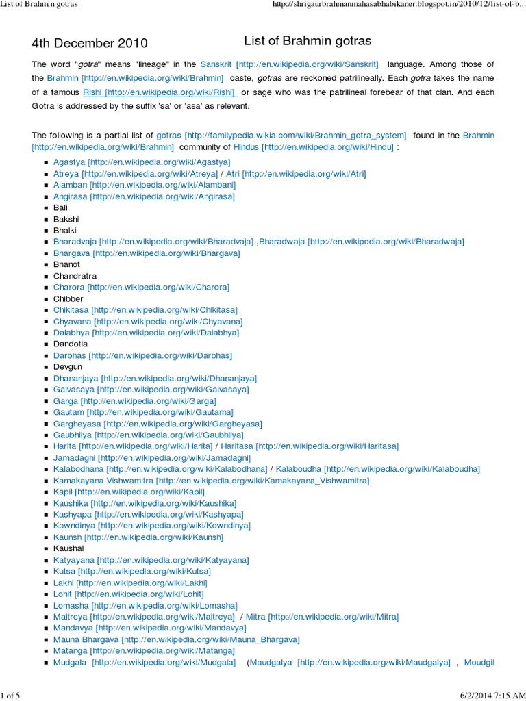 List of Brahmin Gotras | PDF | Saint | Hindu Mythology