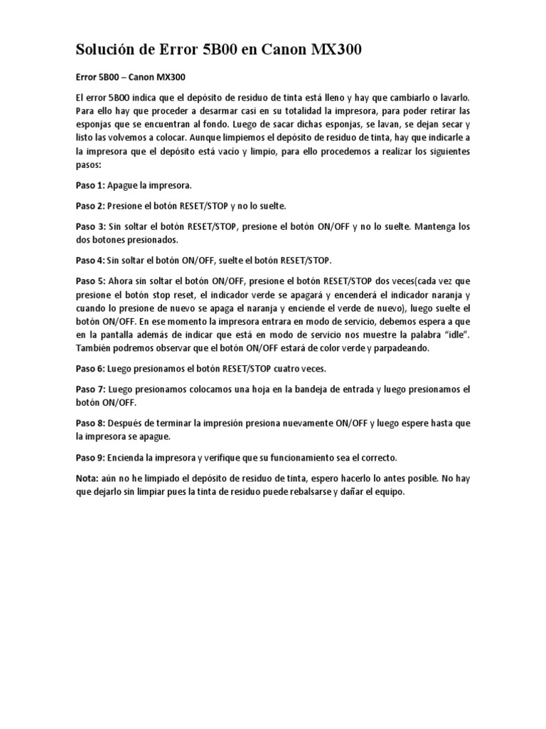 Solución de Error 5B00 en Canon MX300 | PDF