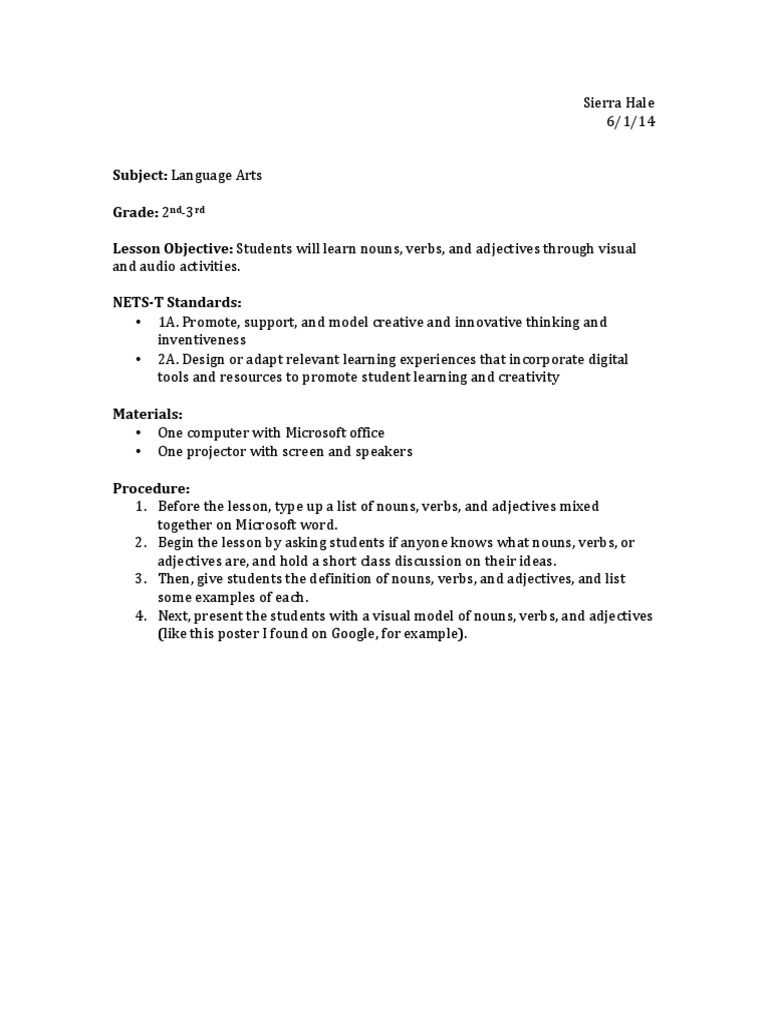 Teaching Nouns, Verbs, Adjectives | PDF