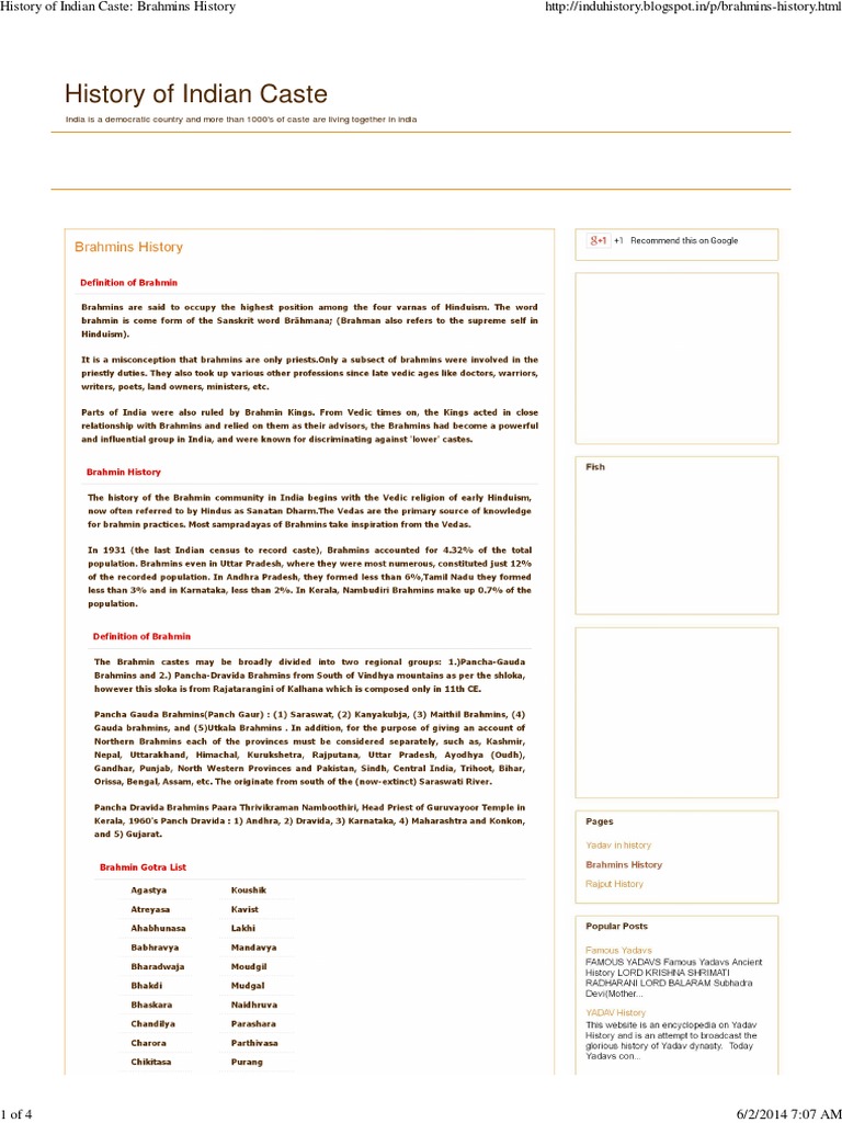 History of Indian Caste - Brahmins History | PDF