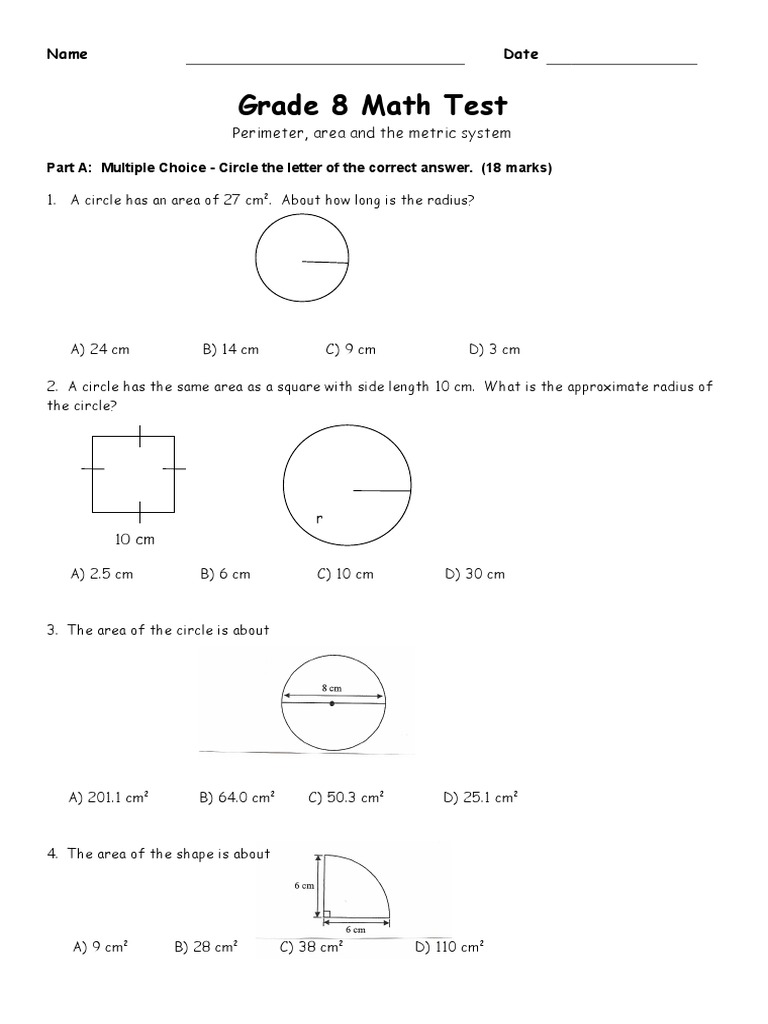 Grade 8 Area and Perimeter Test | PDF | Circle | Elementary Geometry