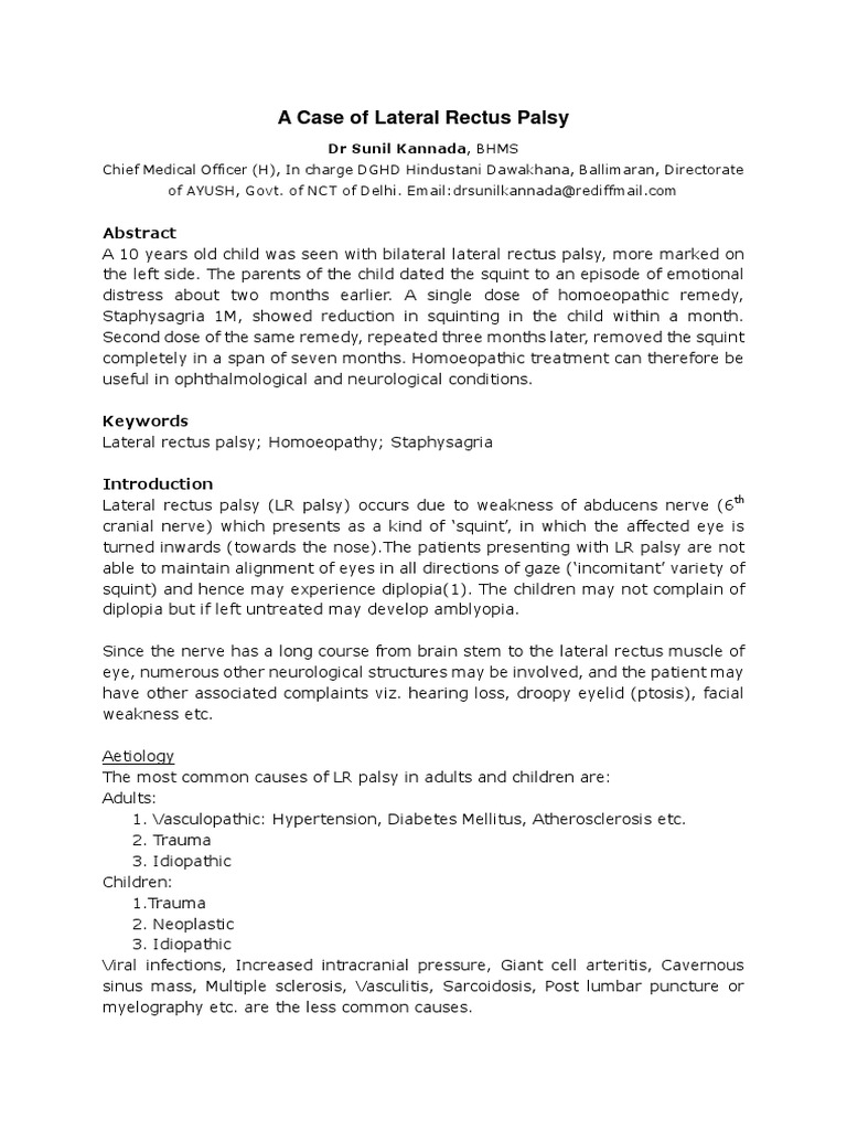 A Case of Lateral Rectus Palsy by DR Sunil Kannada | PDF | Homeopathy ...