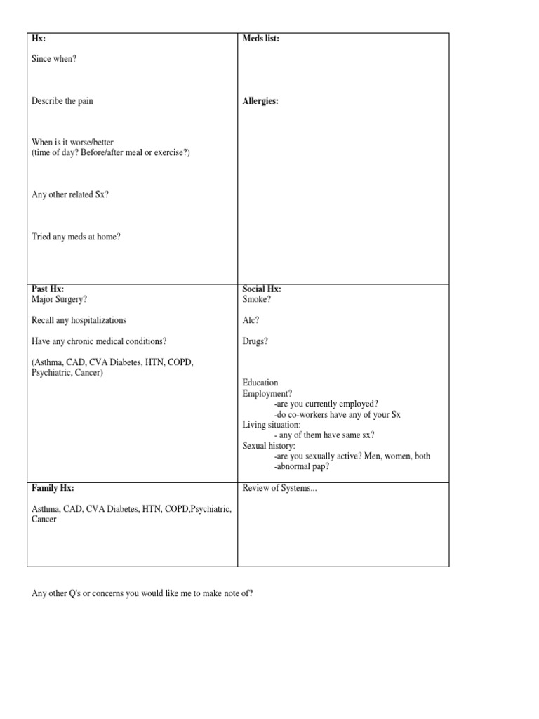 The Template To Use To Take Notes On Patient History | PDF