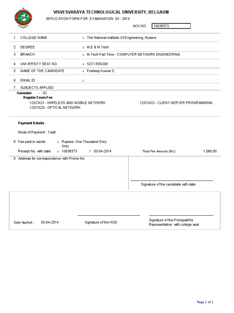 VTU Exam Application Form 2014 | PDF