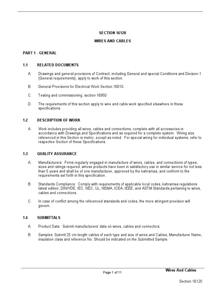 Electrical Specifications Division 16 SECTION 16120 WIRES AND CABLES | PDF | Electrical Wiring ...