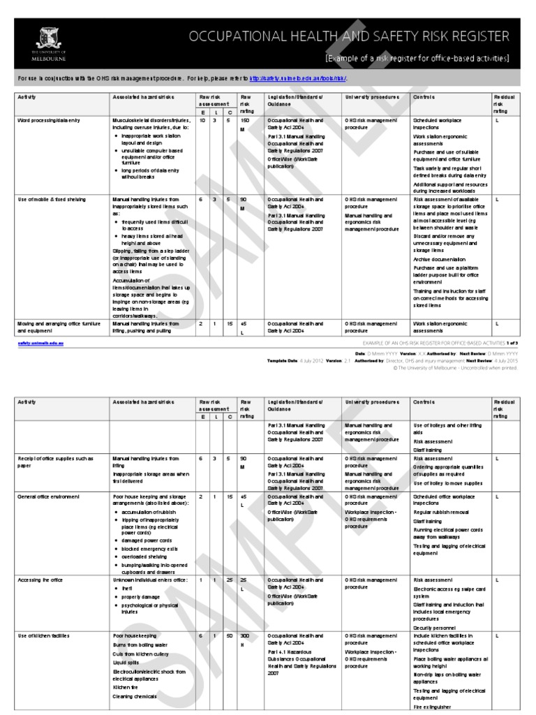 Office OHS Risk Register Template | PDF | Occupational Safety And ...