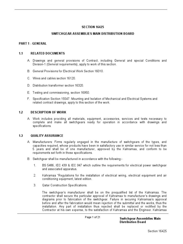 Electrical Specifications, Division 16, SECTION 16425 SWITCHGEAR ASSEMBLIES MAIN DISTRIBUTION ...
