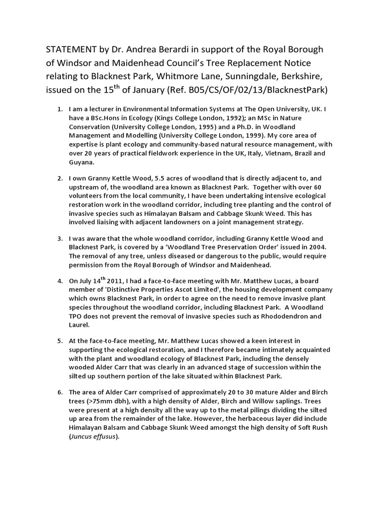 Blacknest Park Tree Replacement Notice Berardi Witness Statement | PDF