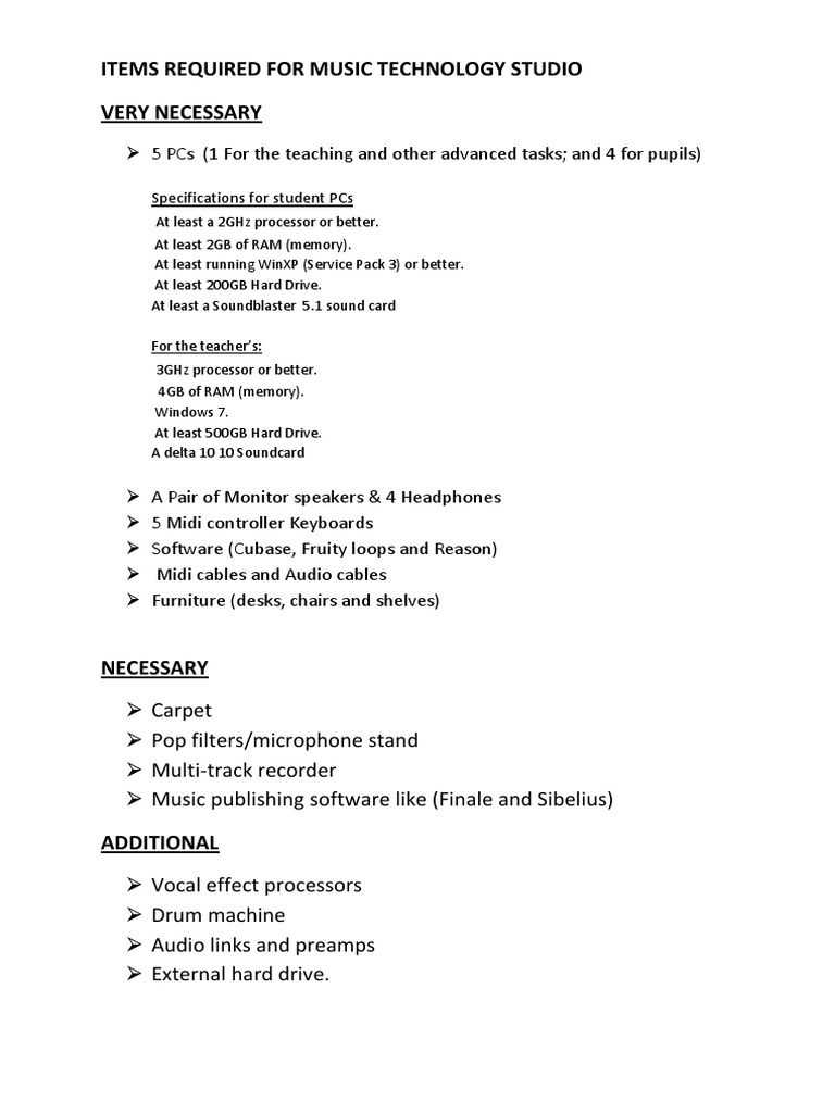 Items Required For Music Technology Studio Very Necessary ...