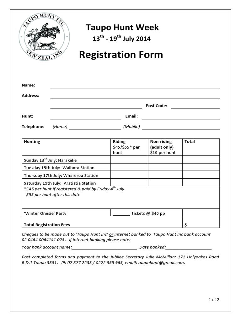Taupo Hunt Week Registration Form | PDF | Banks | Justice