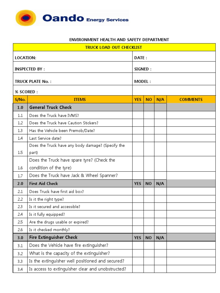 Truck Load-Out Checklist | PDF | Driving | Truck