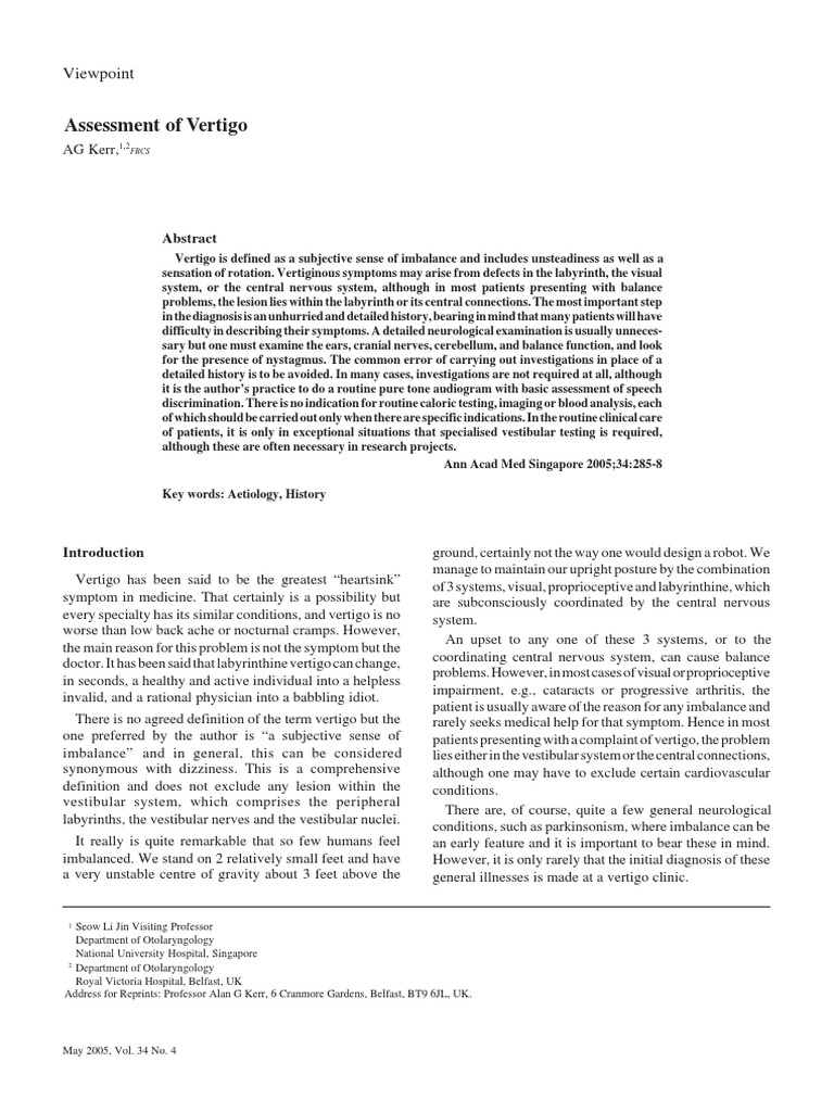 Assessment of Vertigo: Viewpoint | PDF | Vertigo | Vestibular System