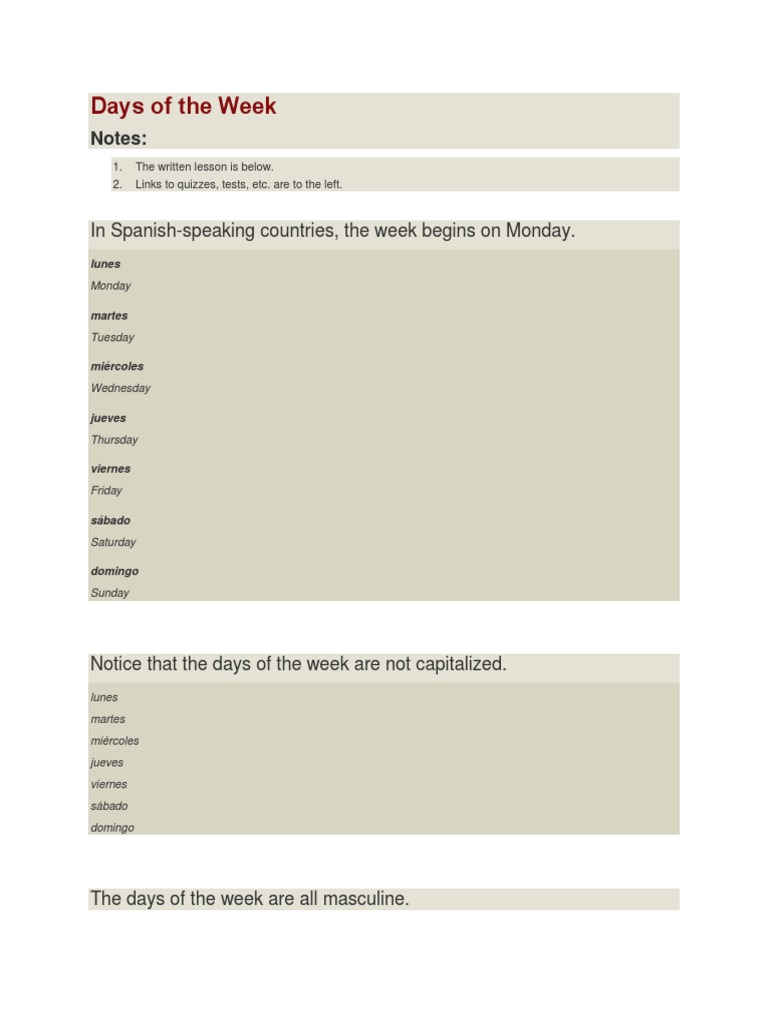 Spanish Days of the Week Guide | PDF