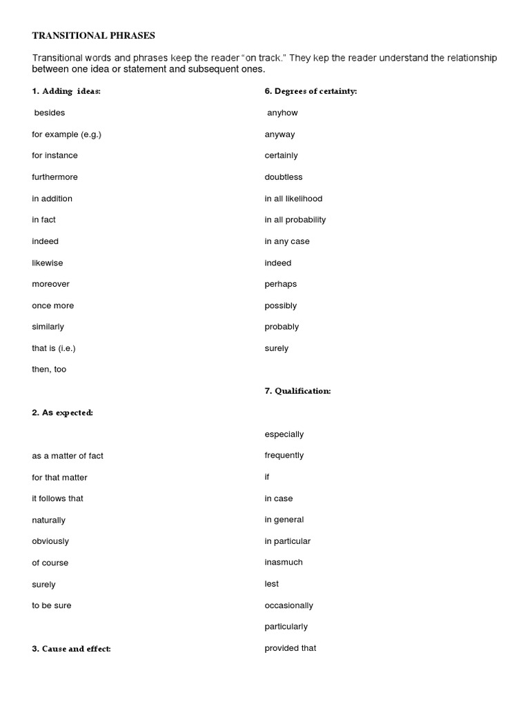 Essential Transitional Phrases Guide | PDF