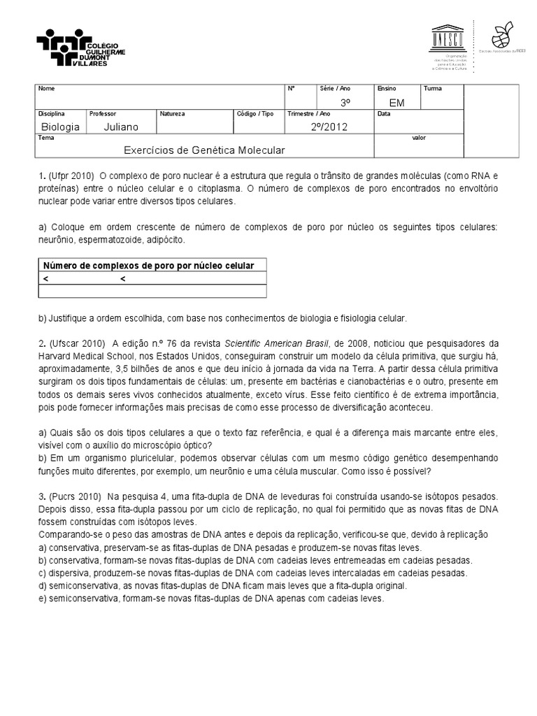1 Lista de Exercícios - Genética Molecular | PDF | DNA | Célula (Biologia)