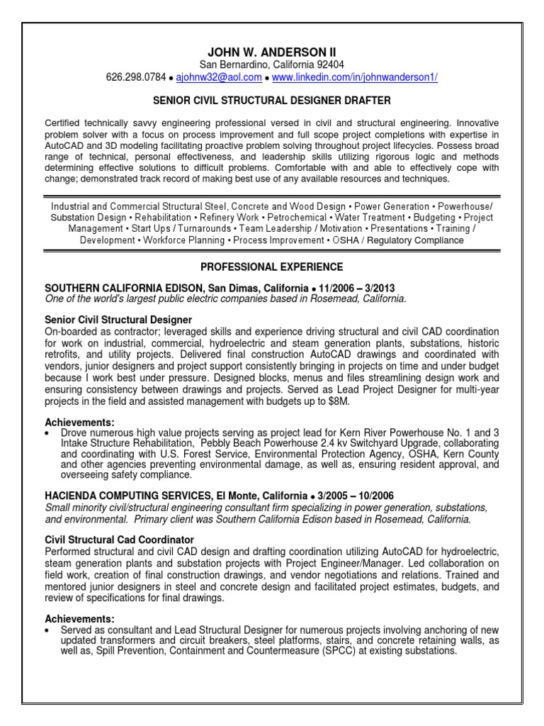 Senior Civil Structural Designer Drafter in Los Angeles CA Resume John ...