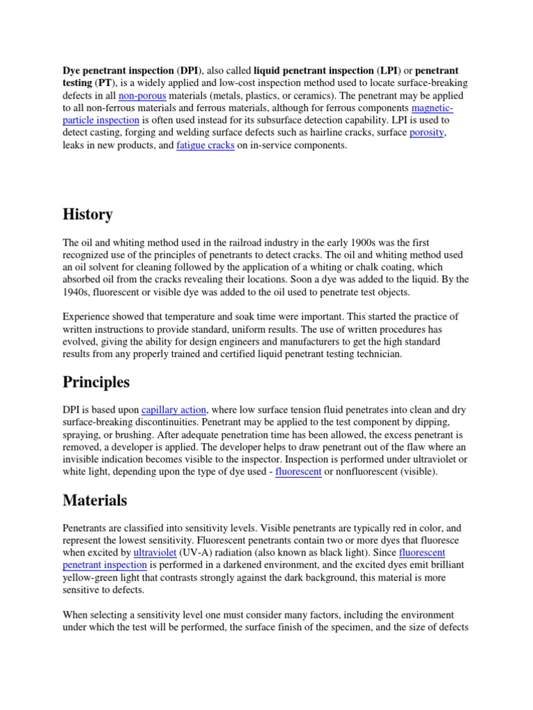 Dye Penetrant Inspection | PDF | Chemistry | Mechanical Engineering