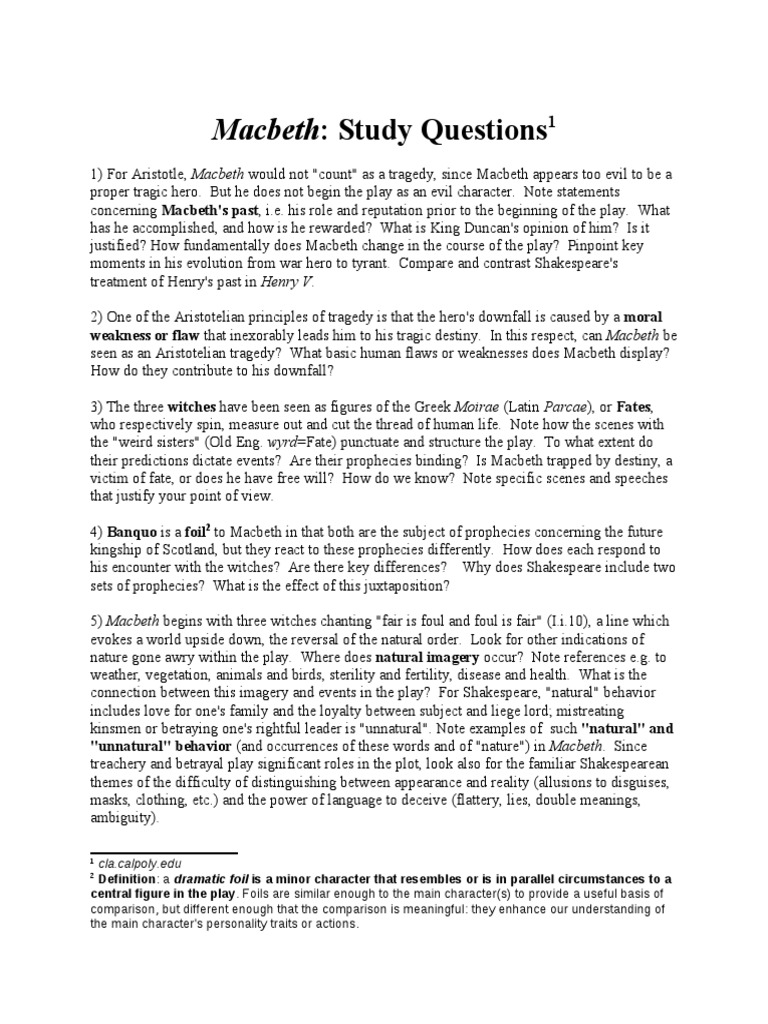 Macbeth Study Questions | PDF | Macbeth | Masculinity