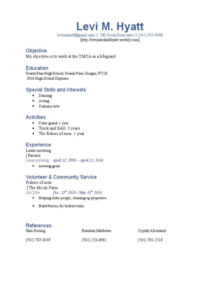 Lifeguard Resume for Levi Hyatt | PDF