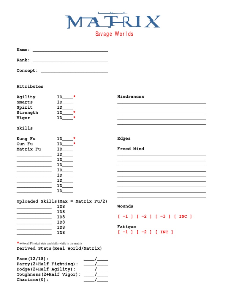 Matrix Savage Worlds Character Sheet | PDF