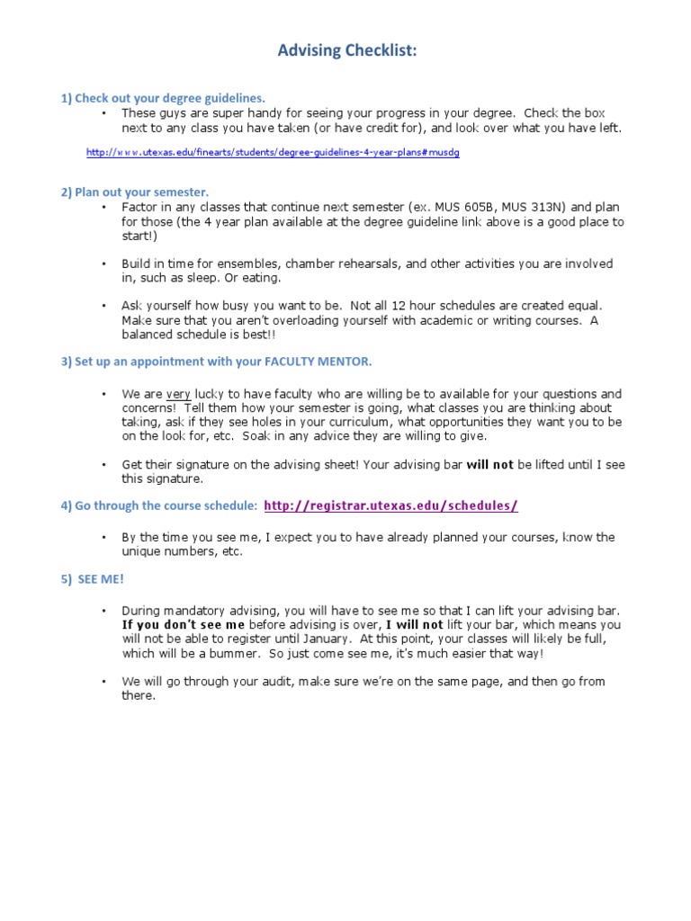 Advising Checklist:: 1) Check Out Your Degree Guidelines | PDF ...