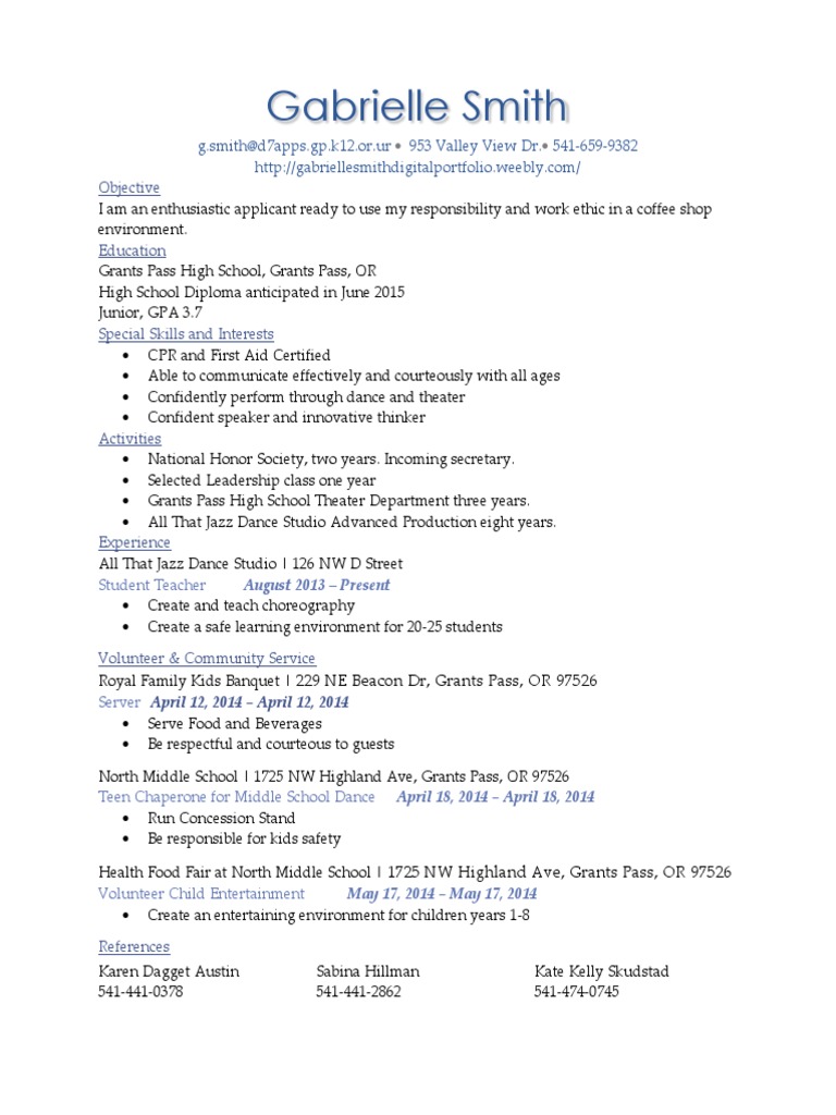 Gabrielle Smith's Coffee Shop Resume | PDF