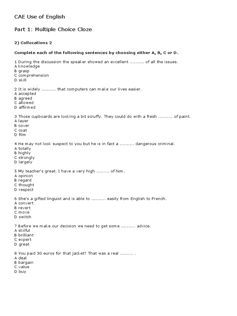 CAE Use of English Part 1: Multiple Choice Cloze | PDF