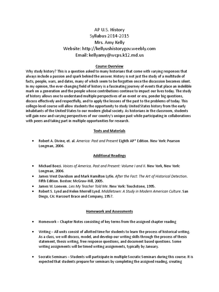 AP U.S. History Syllabus 2014-2015 | PDF | Homework | Test (Assessment)