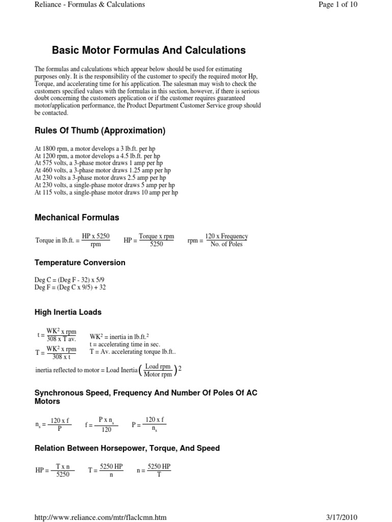 Basic Motor Formulas And Calculations: Rules Of Thumb (Approximation ...