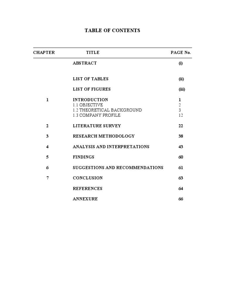 Table of Contents For MBA Project | PDF