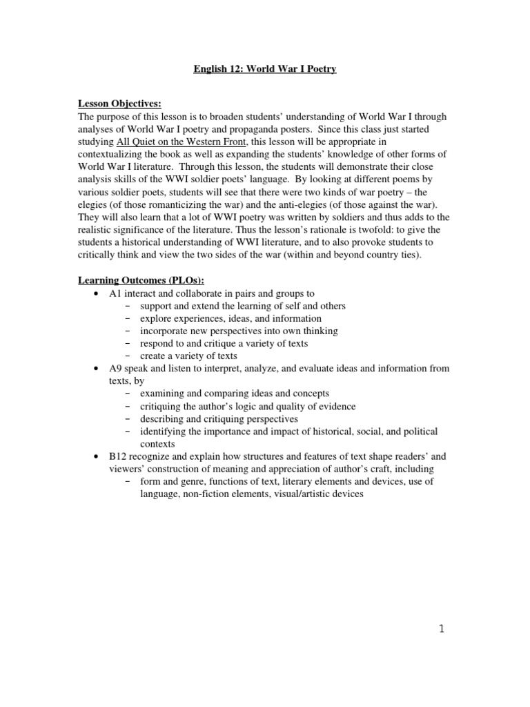 English 12: World War I Poetry Lesson Objectives: The Purpose | PDF ...