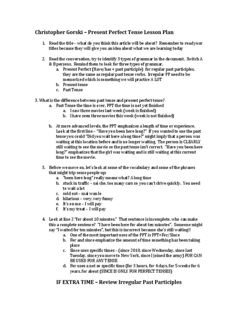 Present Perfect Tense Lesson Plan | PDF | Perfect (Grammar ...