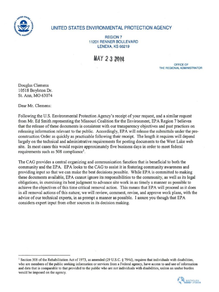 Letter From EPA Region 7 Administrator Karl Brooks To West Lake ...