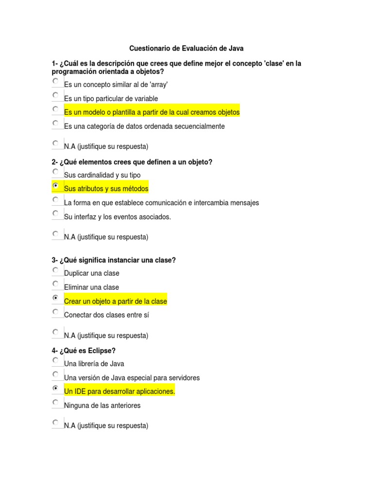 Cuestionario de Evaluación en Java | PDF | Java (lenguaje de programación) | Objeto (informática)