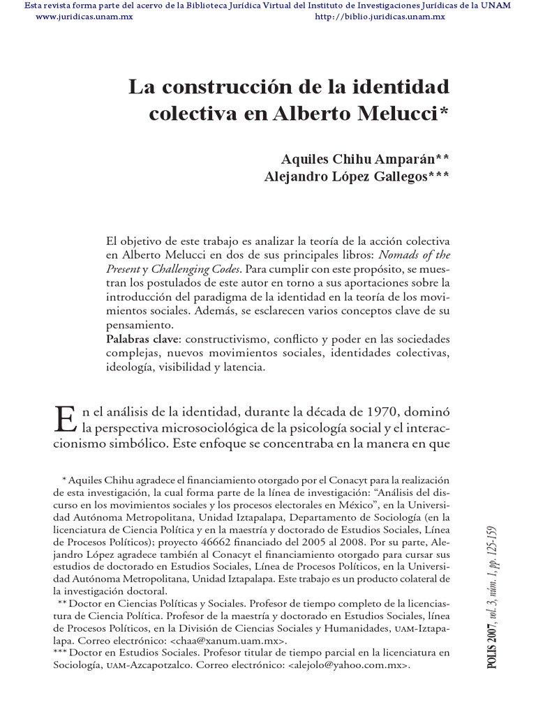 La Construccion de La Identidad Colectiva en Alberto Melucci | PDF