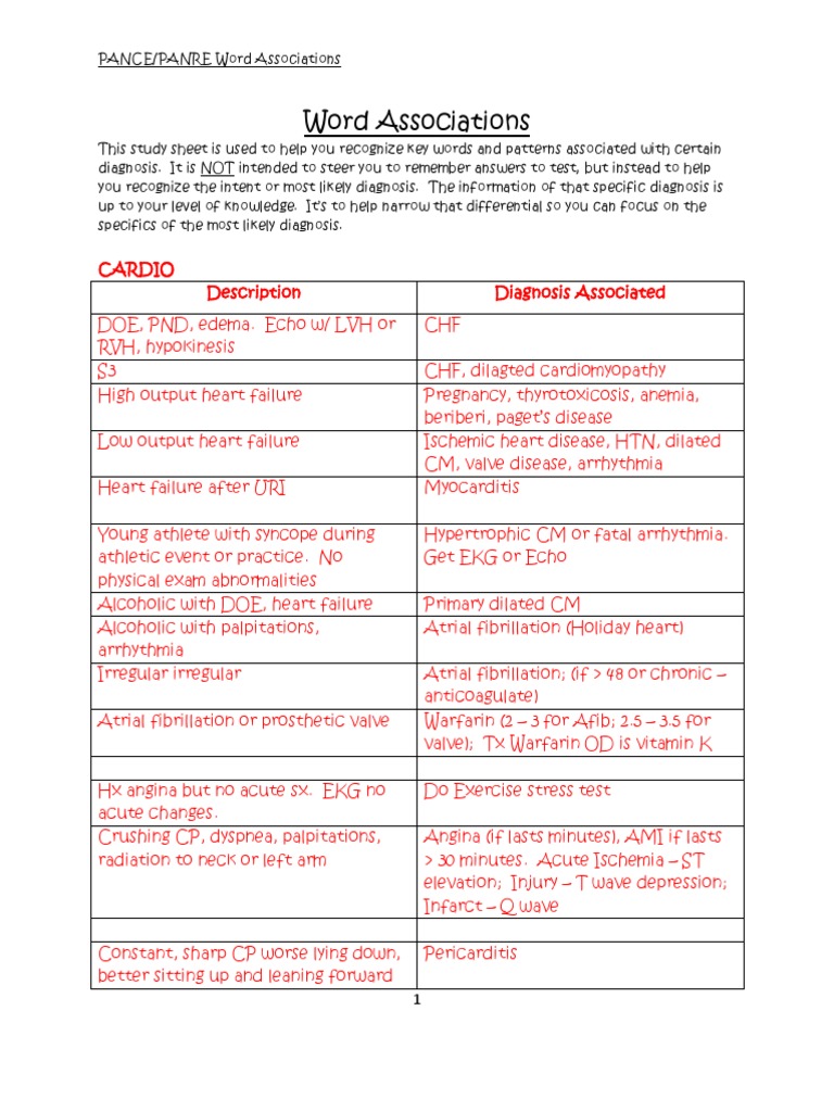 PANCE/PANRE Key Diagnosis Word Associations | PDF | Pneumonia | Heart ...