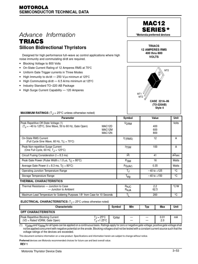 Datasheet MAC12 | PDF | Electrical Engineering | Electricity