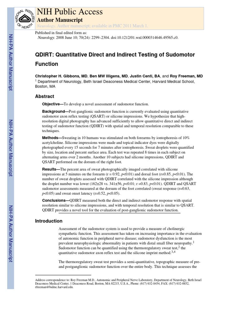 QDIRT Quantitative Direct and Indirect Testing of Sudomotor Function ...