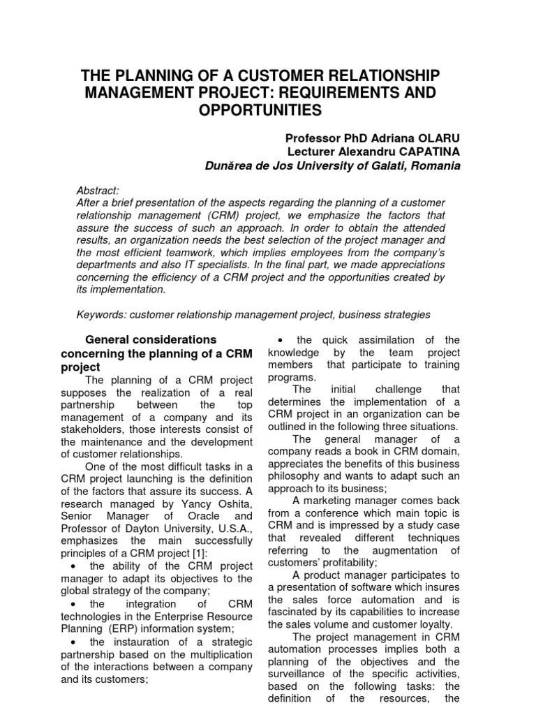 The Planning of A Customer Relationship Management Project ...