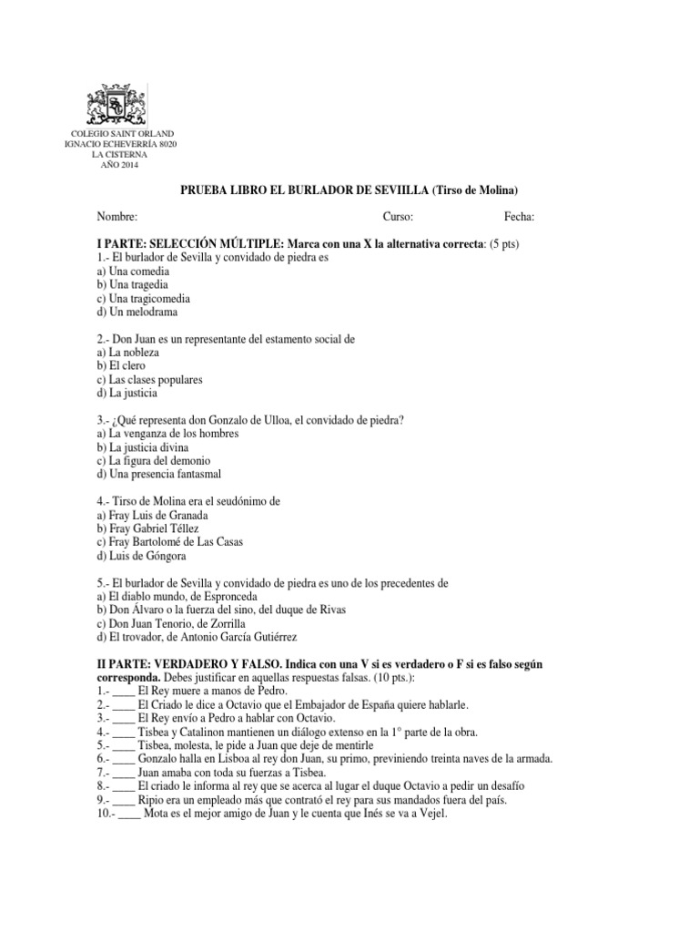 Prueba sobre "El burlador de Sevilla" | PDF | Españoles